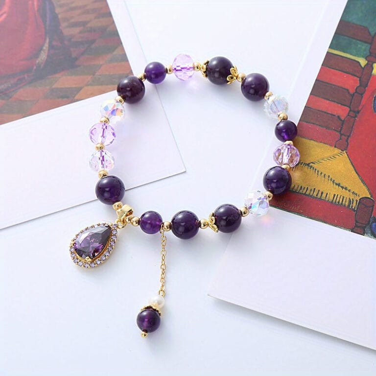 Elegant Amethyst Bead Bracelet With Water Drop Pendant - Nacrystal