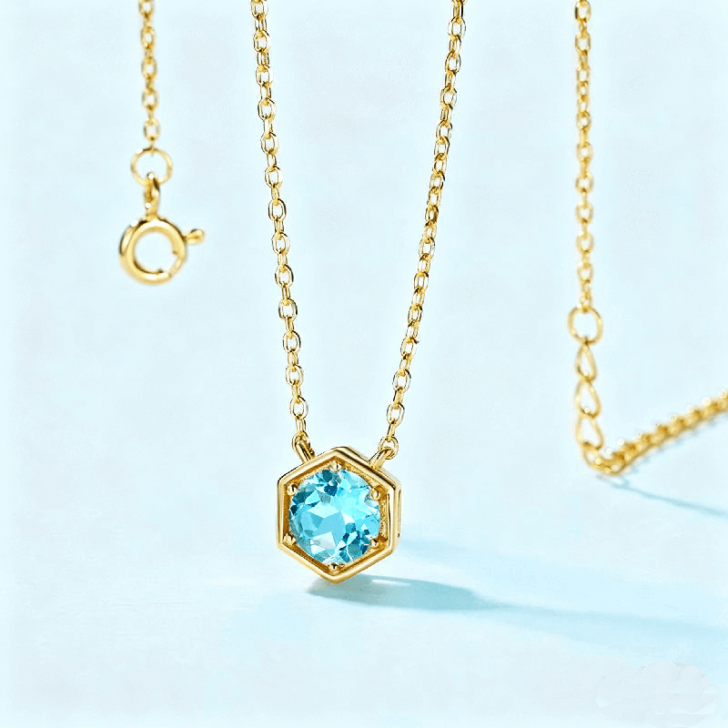 Dainty 10K Gold Plated Hexagonal Aquamarine Gemstone Necklace