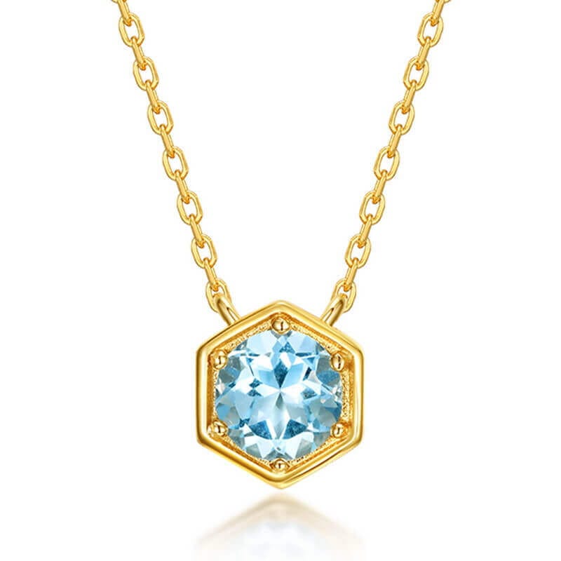 Dainty 10K Gold Plated Hexagonal Aquamarine Gemstone Necklace