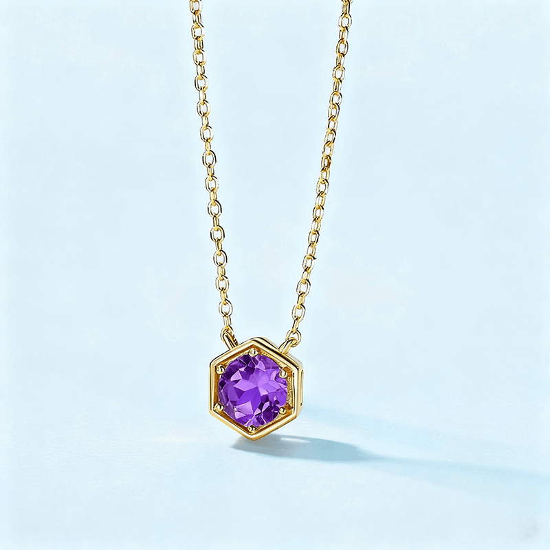 Genuine S925 Sterling Silver Hexagonal Amethyst Necklace Gold ...