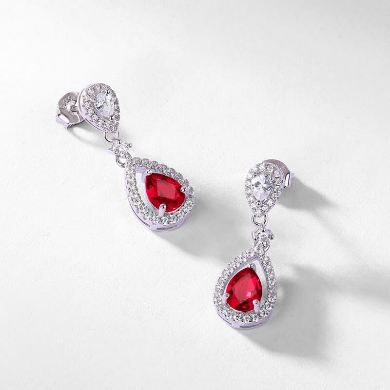Luxury Silver Waterdrop Ruby and Diamond Dangle Earrings