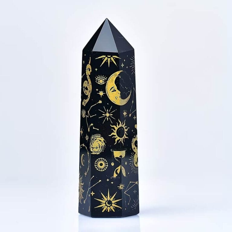 Black Obsidian Crystal Point Moon Sun Pattern