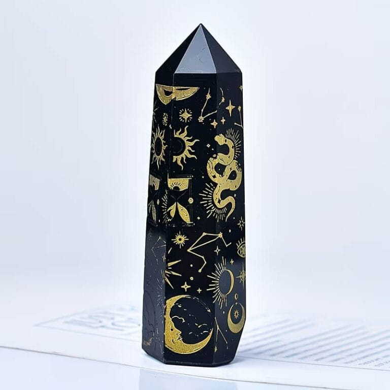 Black Obsidian Crystal Point Moon Sun Pattern